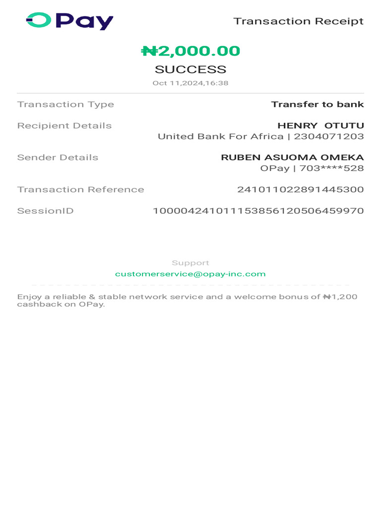Successful ₦2,000 Bank Transfer Receipt | PDF