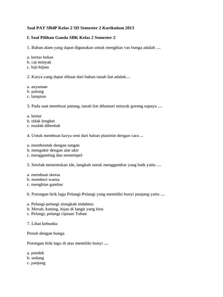 Soal PAT SBDP Kelas 2 SD Semester 2 Kurikulum 2013 | PDF