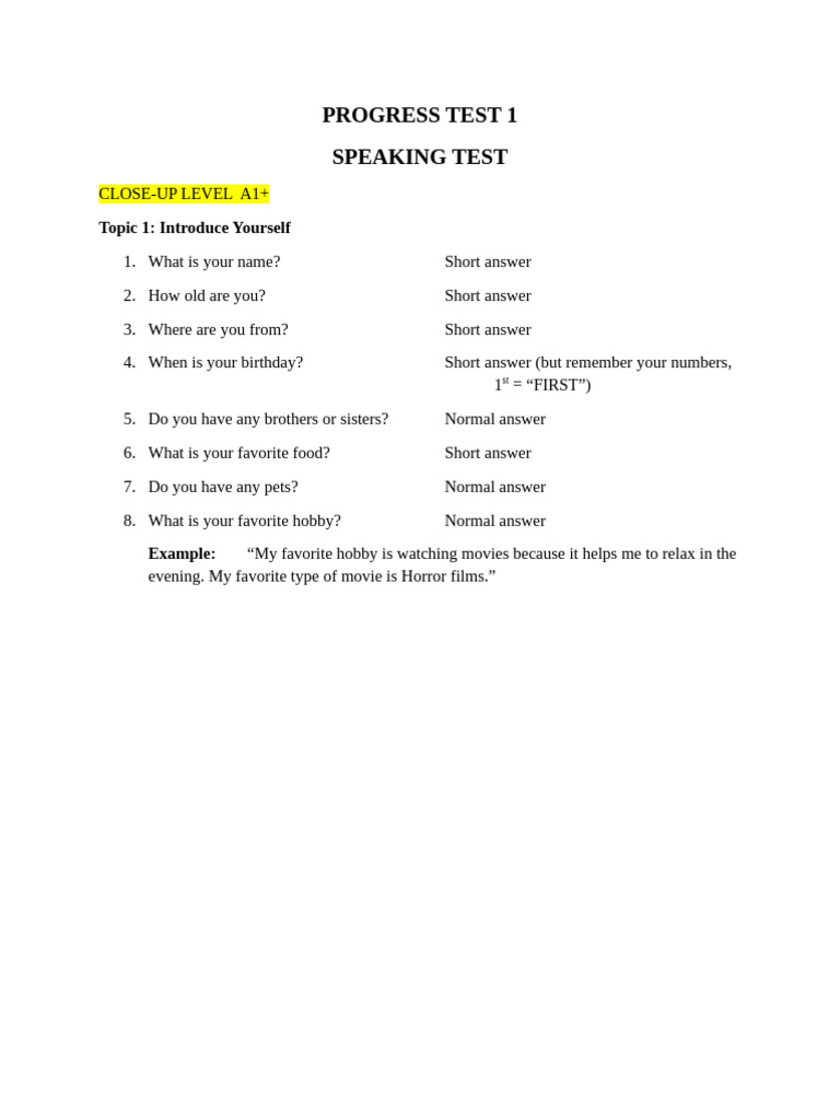 A1-B1 Speaking Test Guide | PDF | Grammar | Linguistics