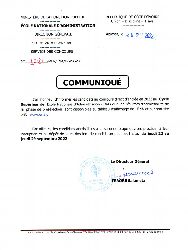 (ENA 2022-CD - CS) Communiqué Relatif Aux Résultats de La Phase de Présélection | PDF