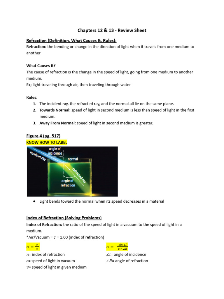 Chapter 12 & 13 - Review Sheet | PDF | Refraction | Optics