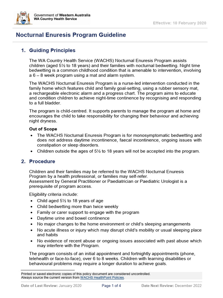 Nocturnal Enuresis Program Guideline | PDF | Nocturnal Enuresis ...
