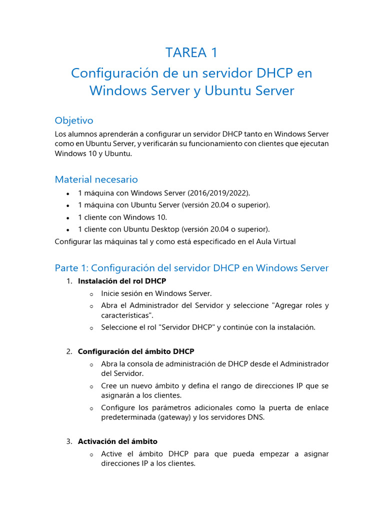 TAREA 1 - Servidores DHCP | PDF | Dirección IP | Protocolos de red