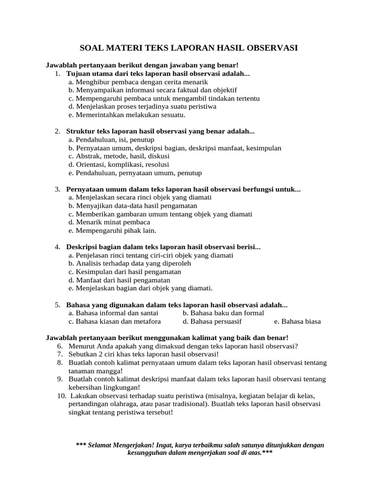 SOAL MATERI TEKS LAPORAN HASIL OBSERVASI, Kelas X | PDF | Seni & Disiplin Bahasa | Kajian Bahasa ...
