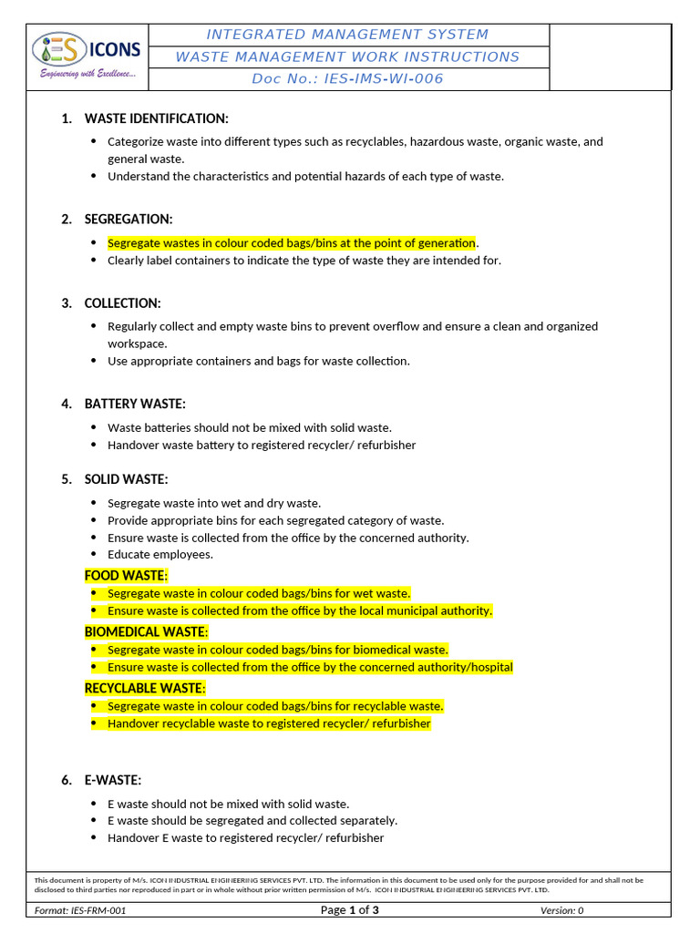 Waste Management Work Instructions Guide | PDF | Waste | Dangerous Goods