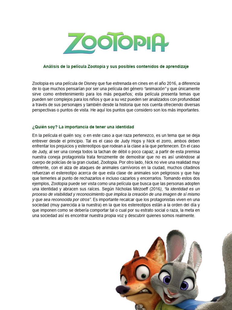 Ensayo Zootopia | PDF | Estereotipos | Experiencia