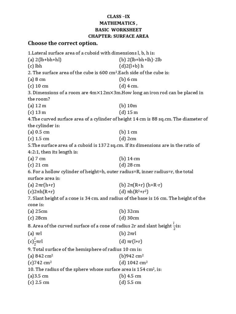 Class 9 Surface Area Worksheet | PDF | Area | Sphere
