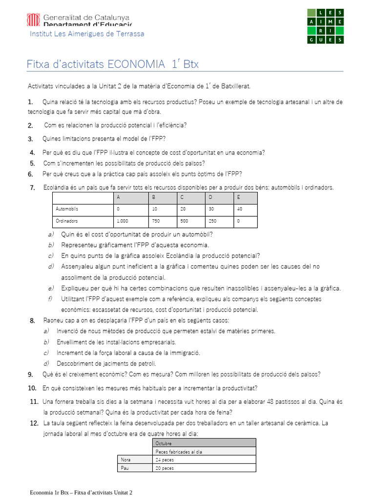 Fitxa Dactivitats - Unitat 2 Eco 1Btx | PDF