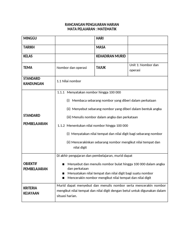 Contoh RPH Math Tahun 4 Unit 1 | PDF