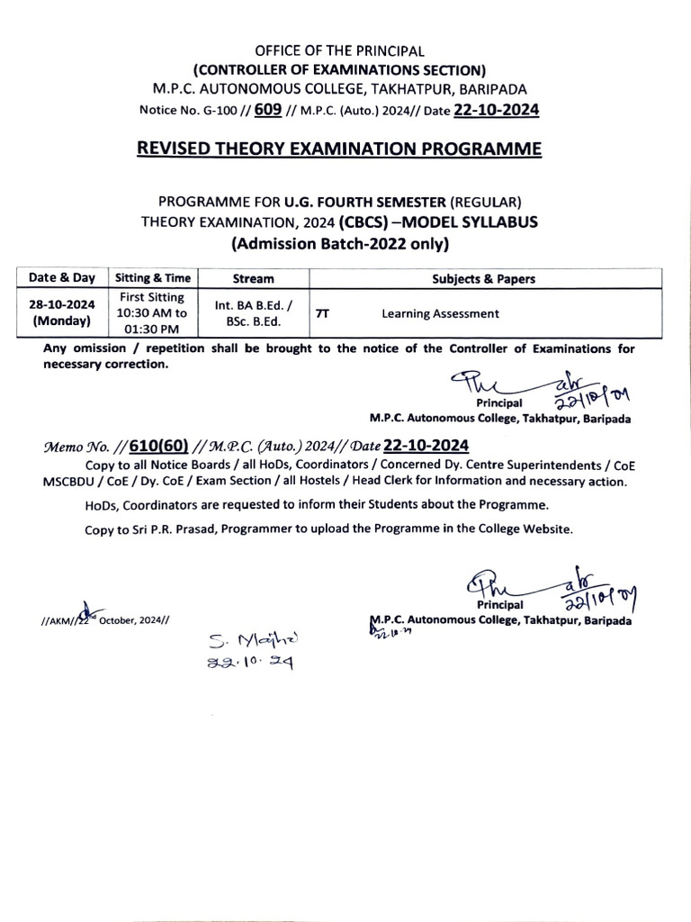 Revised Theory Examination Programme: (Admission Batch-2022 Only) | PDF