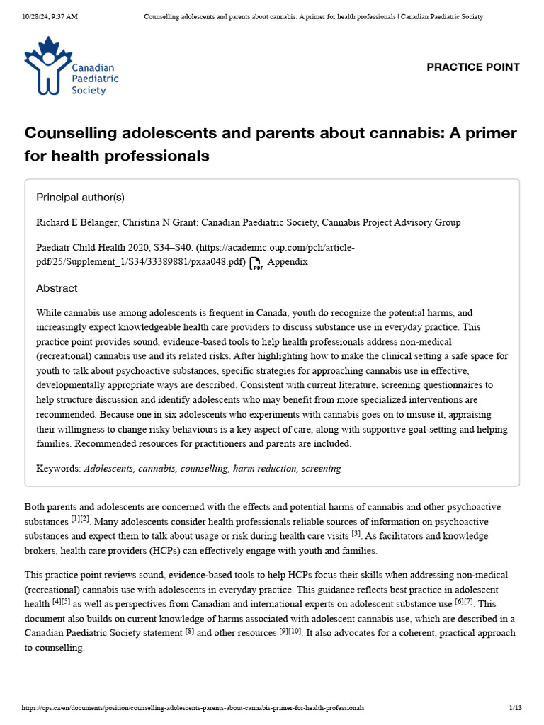 Counselling Adolescents and Parents About Cannabis - A Primer For ...