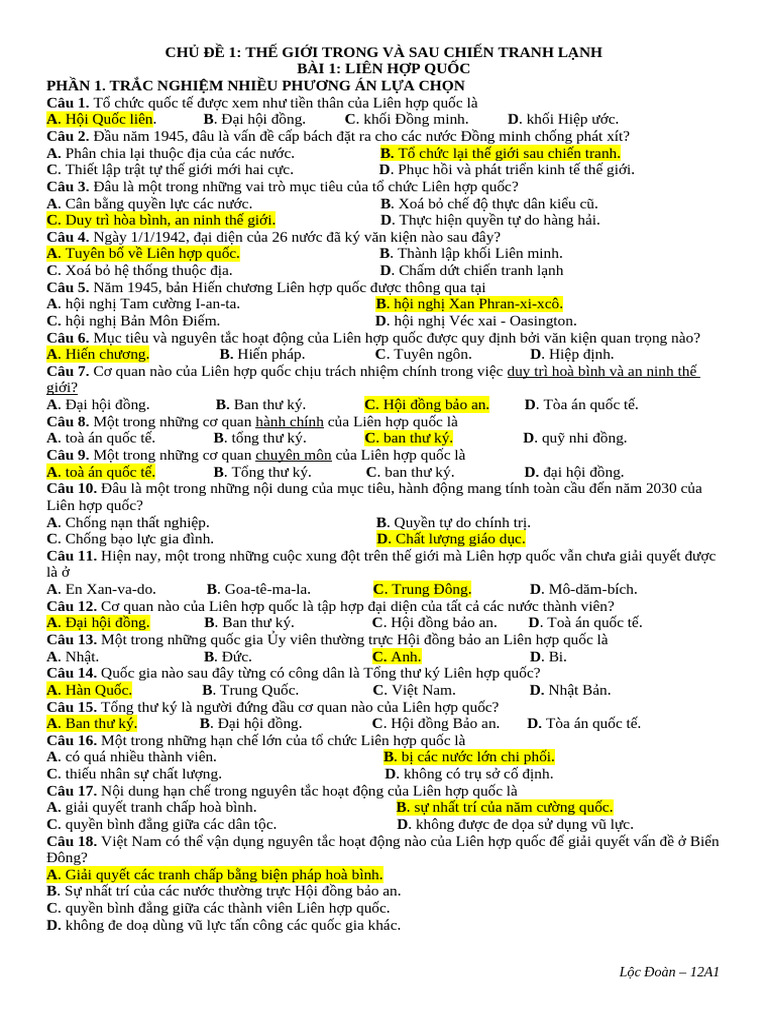 LỊCH SỬ (TRẮC NGHIỆM) - ÔN TẬP GK1 | PDF