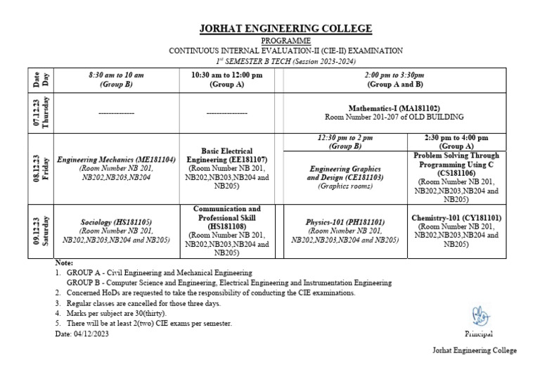 1st Sem B. Tech. 2023 CIE-II Routine | PDF | Engineering | Science