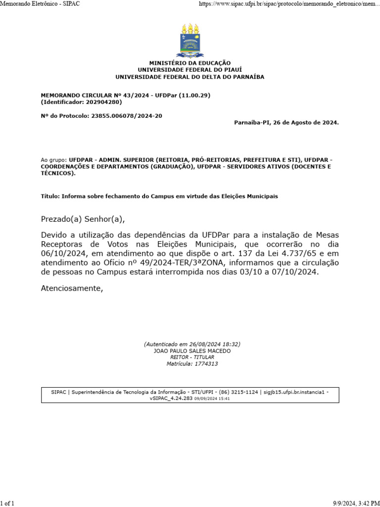 Memorando Circular 43-2024 | PDF | Negócios | Ciências e Matemática