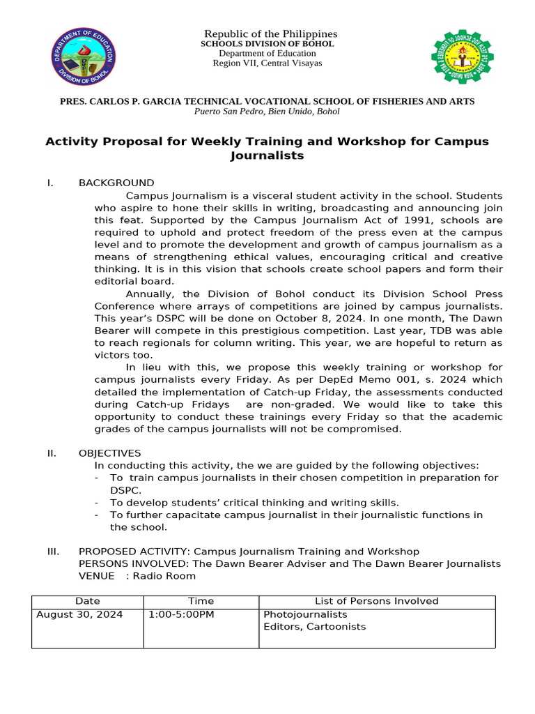 Training Matrix For Campus Journalism Training | PDF