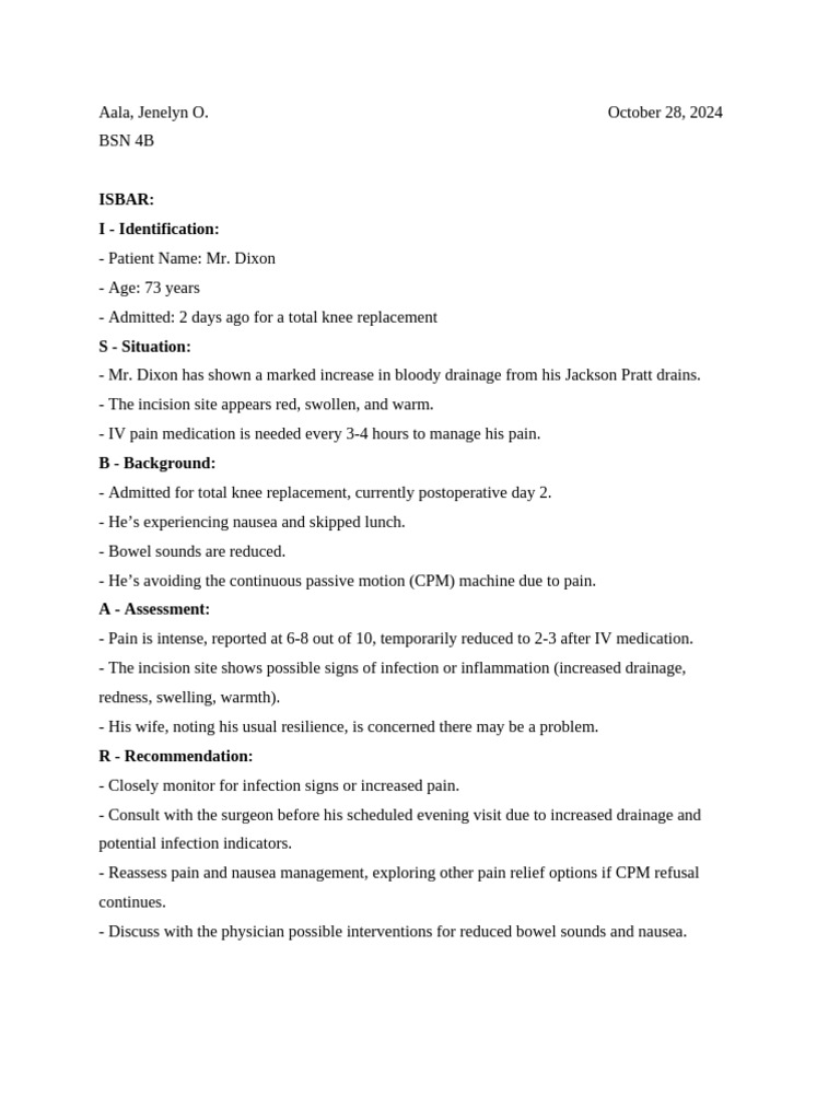 ISBAR | PDF | Pain | Nursing