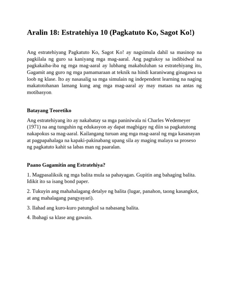 Aralin 18 Estratehiya 10 Pagkatuto Ko Sagot Ko | PDF