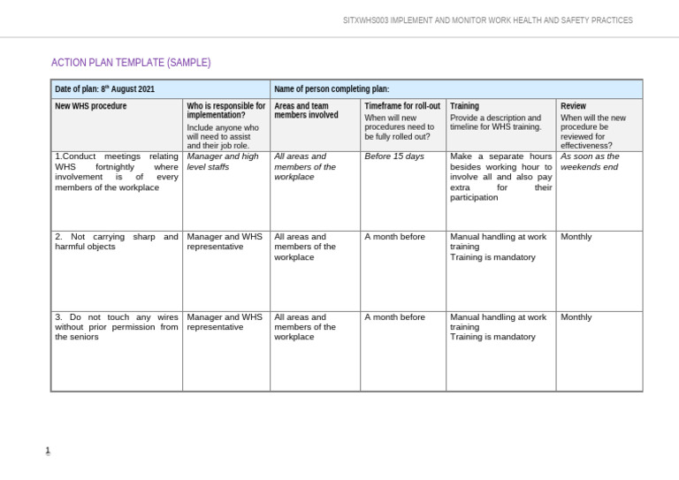 Action Plan Template WHS003 (Sample) | PDF | Safety | Workplace