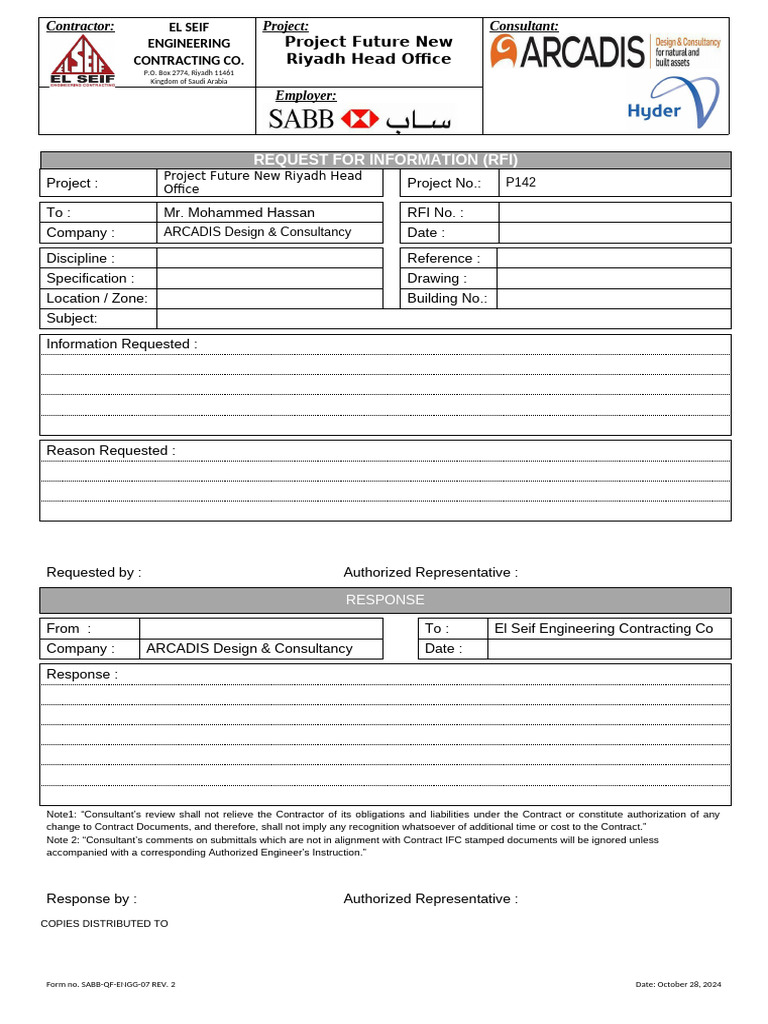 Form No. SABB-QF-ENGG-07 Rev.2 - Request For Information (RFI) Form | PDF