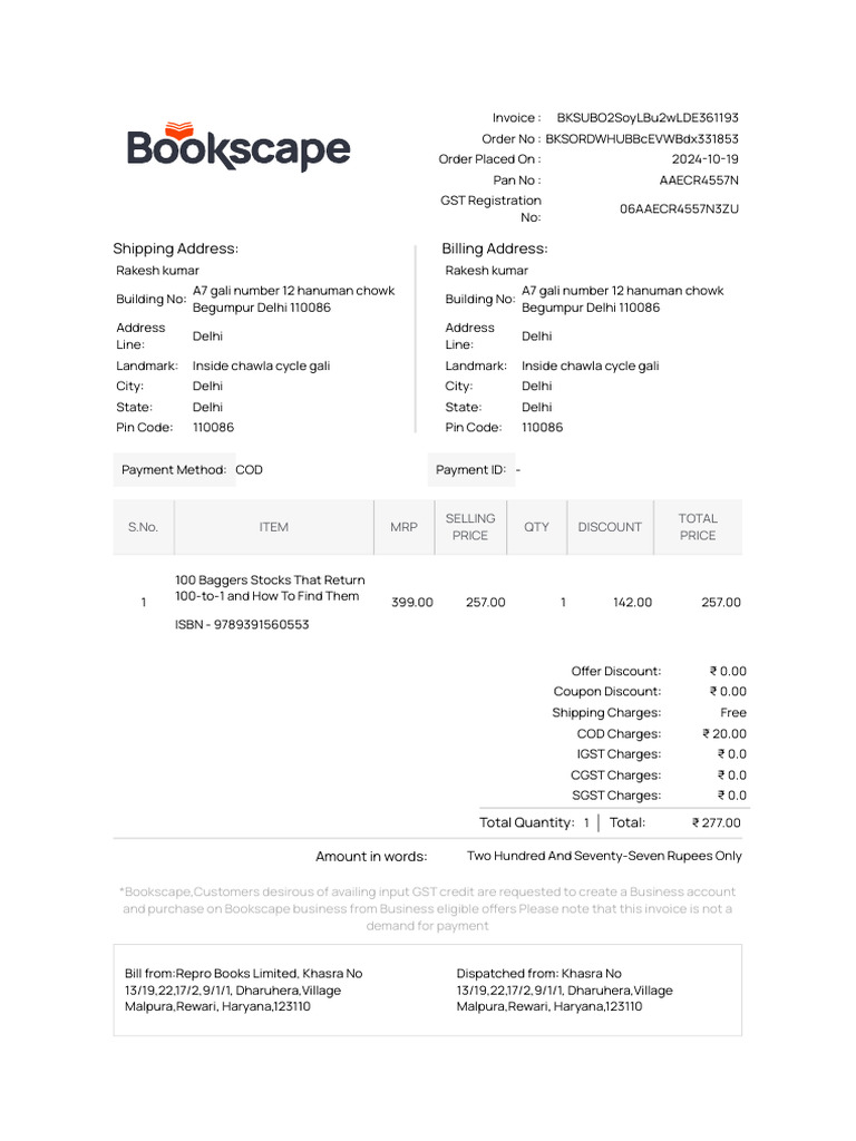 Invoice for Book Purchase - ₹277 Total | PDF | Invoice | Payments