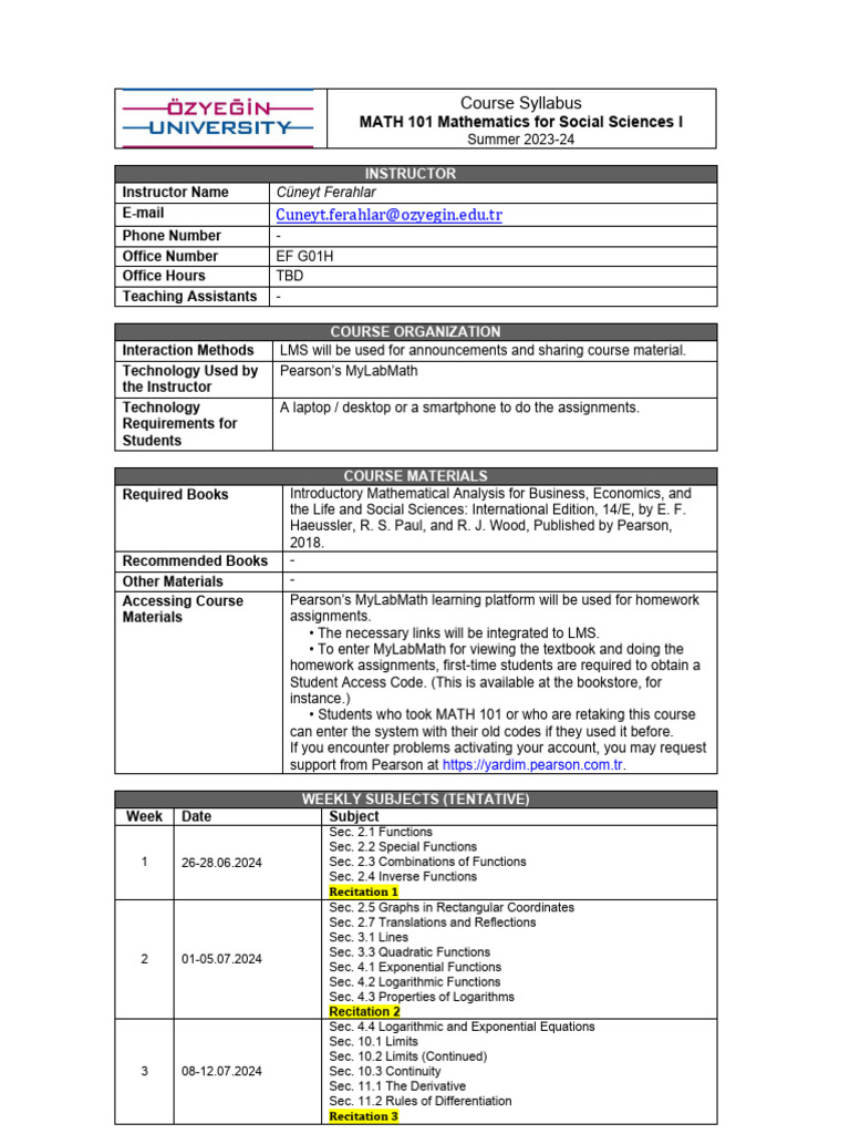 MATH101 Syllabus 2024 Summer EN PDF | PDF | Integral | Derivative