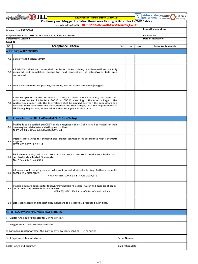 A. ST1 - MV & LV Cable Testing Checklist | PDF | Insulator (Electricity ...