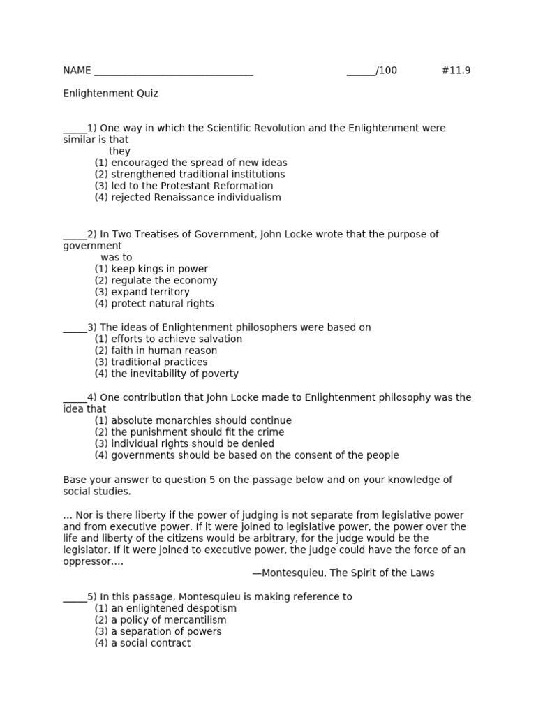 Enlightenment Ideas and Solutions Quiz | PDF | Age Of Enlightenment ...