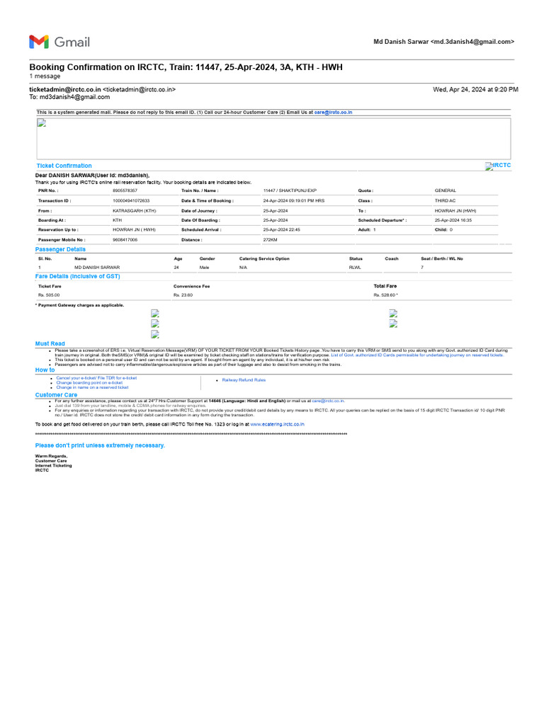 IRCTC Train Booking Confirmation | PDF | Service Industries