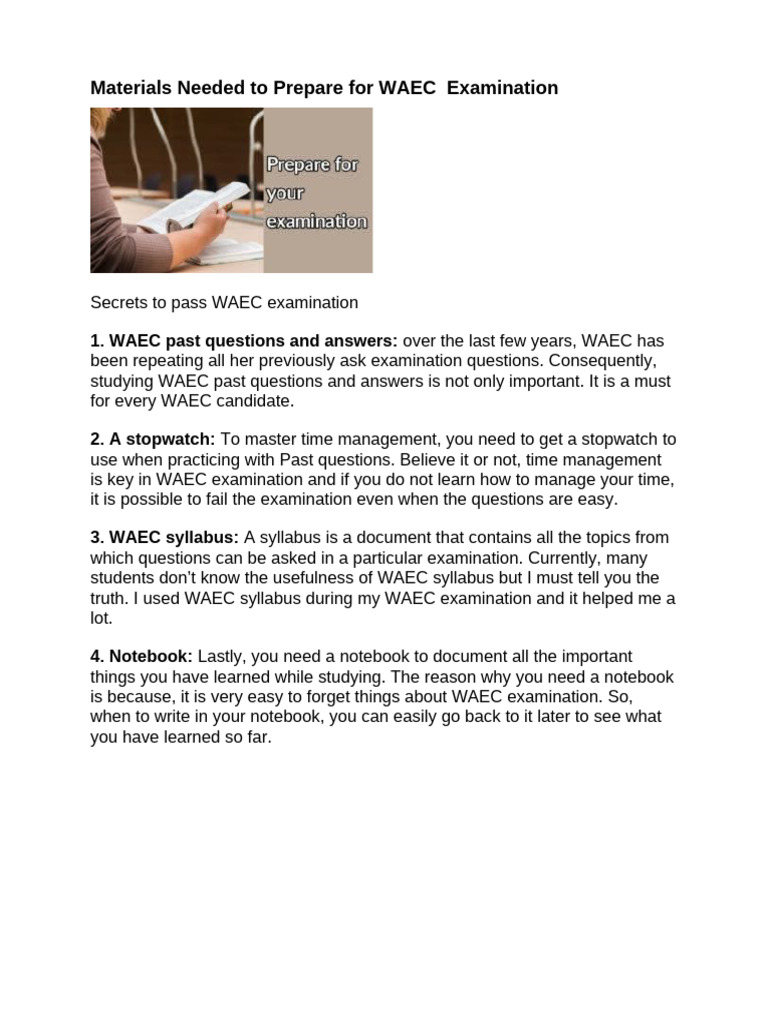 Materials Needed To Pass WAEC Examinations | PDF