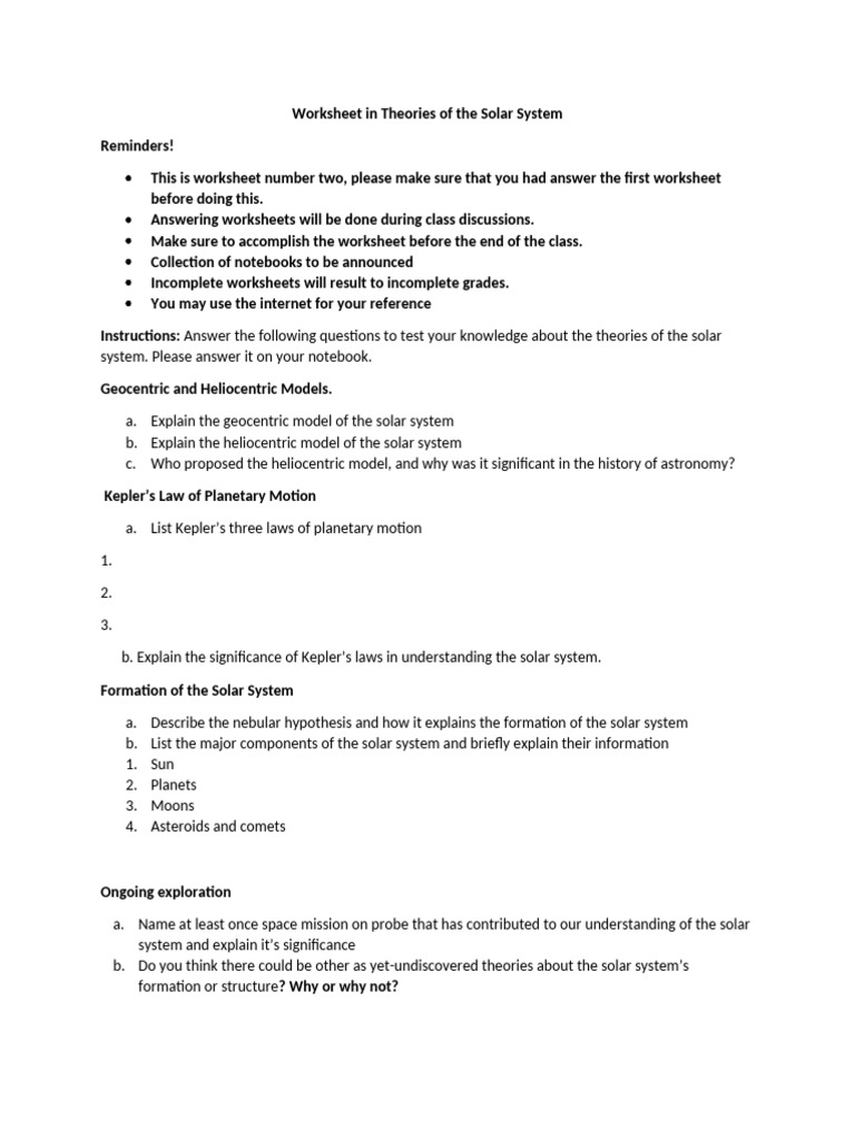 Theories of the Solar System Worksheet | PDF