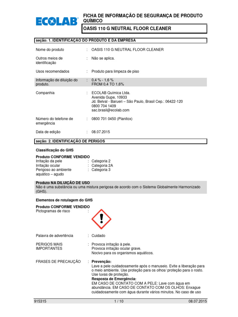 GHS - Oasis 110 G Neutral Floor Cleaner - Fispq | PDF | Desperdício | Solubilidade