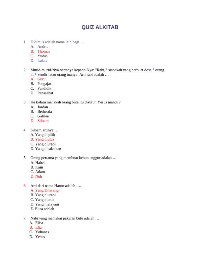 QUIZ ALKITAB ASM GKI 21 MARET 2021 | PDF