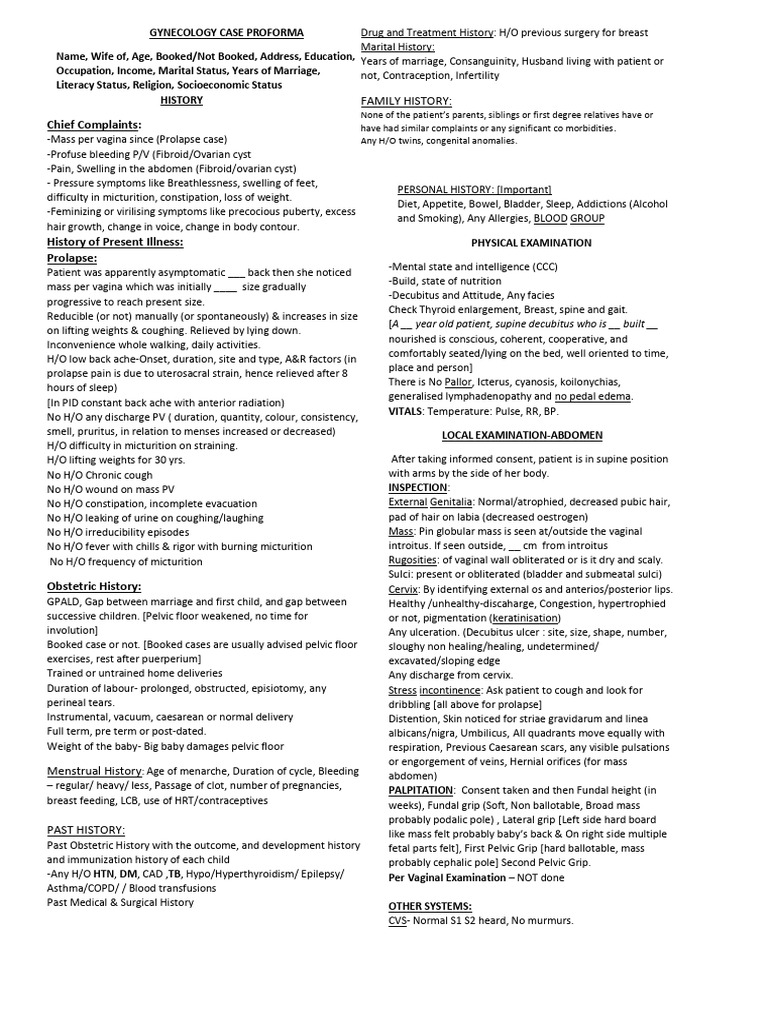 Gynec Case Proforma | PDF | Vagina | Uterus