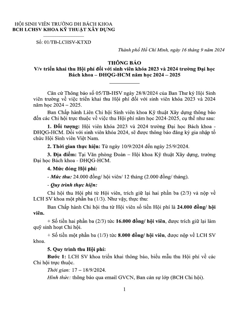 TB01 - VV Trien Khai Thu Hoi Phi Nam Hoc 24-25 | PDF