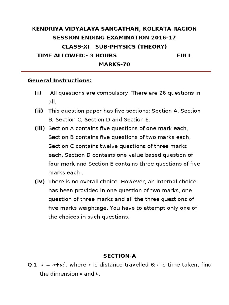 Class XI Physics Exam Paper 2016-17 | PDF | Gases | Velocity