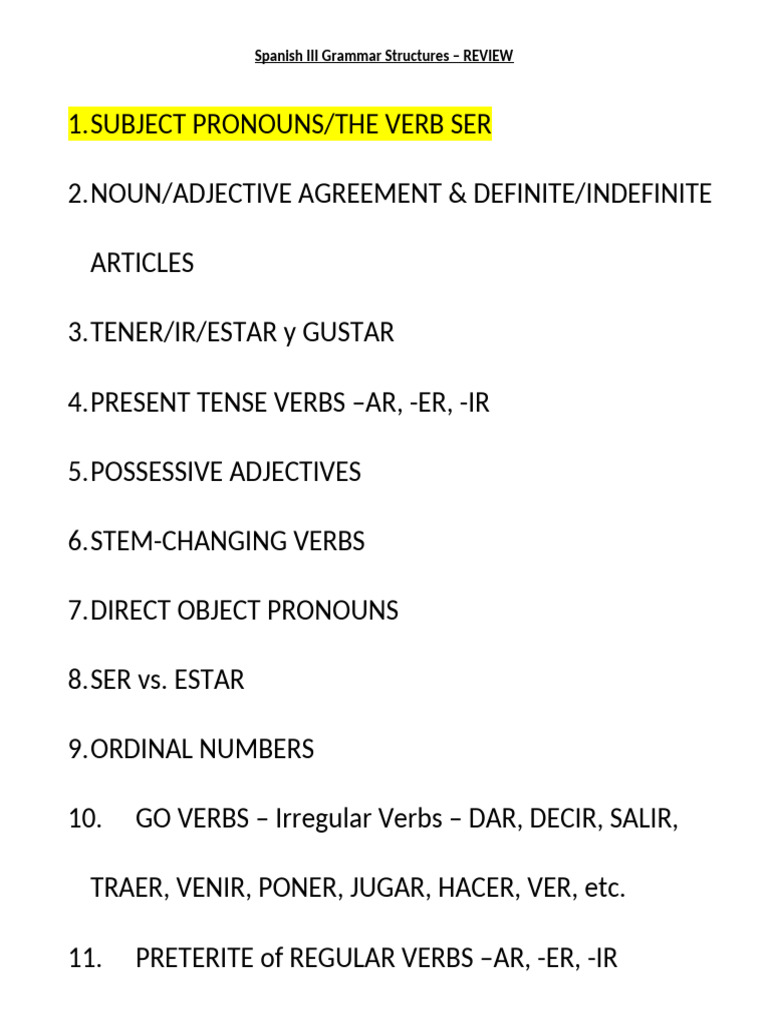 Spanish III Grammar Structures Review | PDF | Language Arts ...