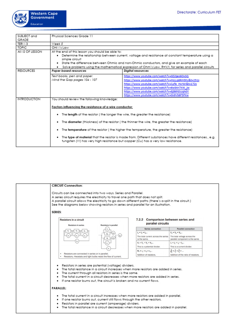 Physical Sciences Grade 11 Term 3 Week 5 - 2020 | PDF | Electrical ...