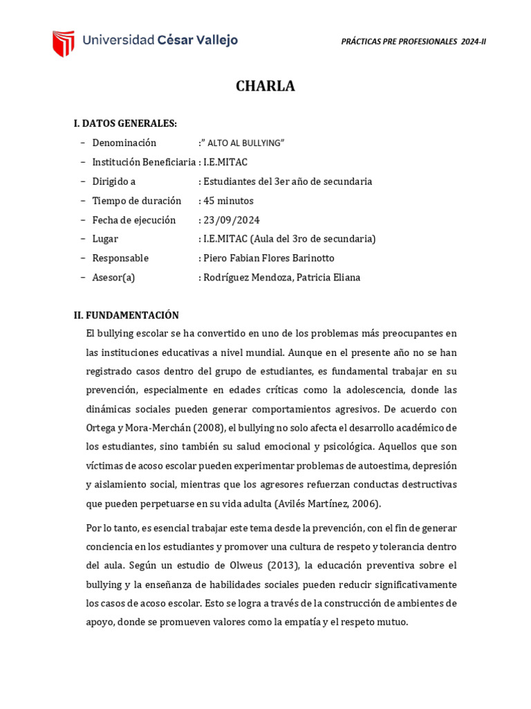CHARLA 4 - PREVENCION DEL BULLYING (3ER AÑO SECUNDARIA) | PDF | Autoestima | Psicología Social