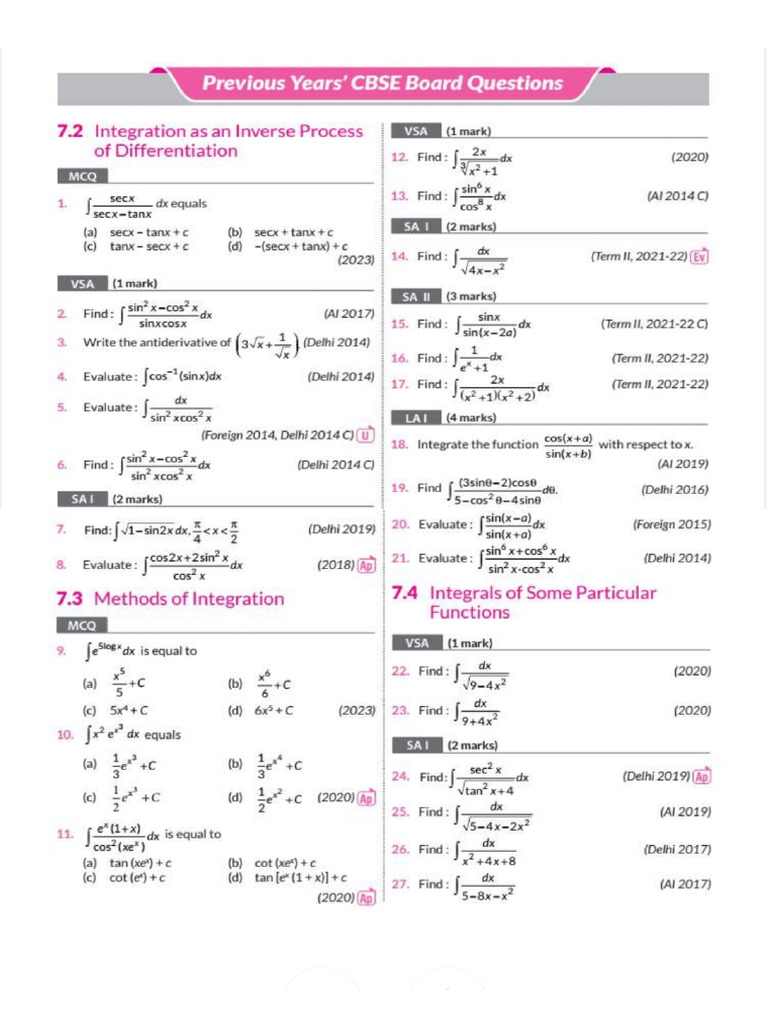Integrals.(PYQS) | PDF