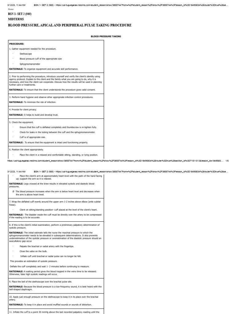 Blood Pressure, Apical and Peripheral Pulse Taking Procedure | PDF ...