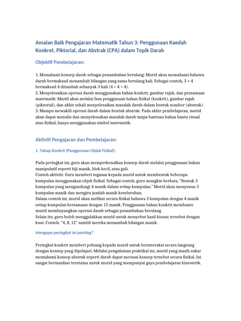 Amalan Baik Pengajaran Matematik Tahun 3 Topik Darab CPA | PDF | Metode ...