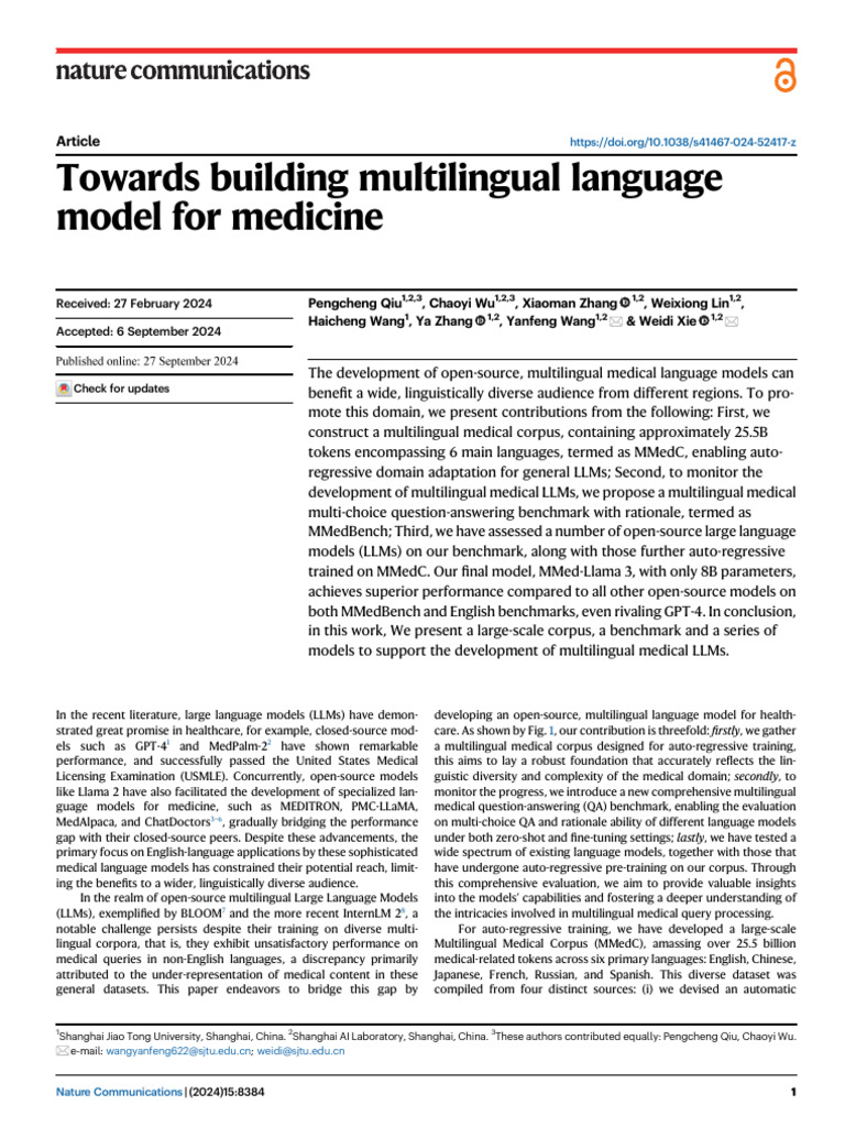 Towards Building Multilingual Language Model For Medicine: Article | PDF