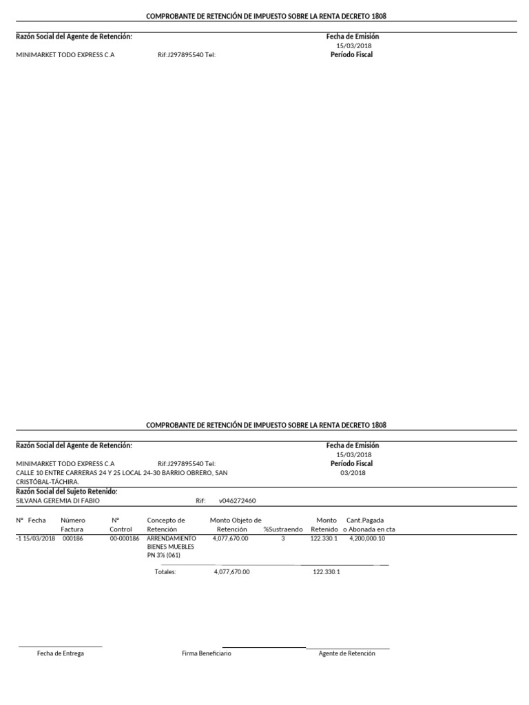 Modelo COMPROBANTE DE RETENCIÓN DE IMPUESTO SOBRE LA RENTA y Iva | PDF ...