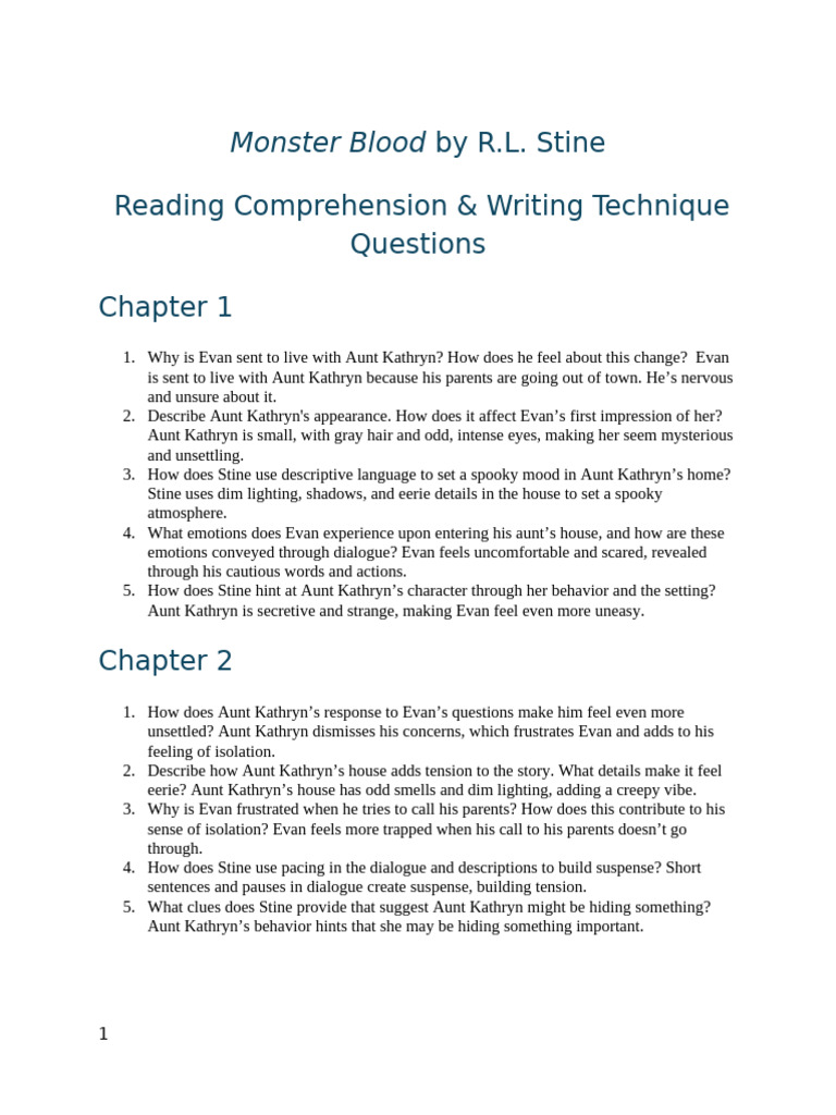 Monster Blood: Comprehension & Analysis Guide | PDF | Fear | Emotions