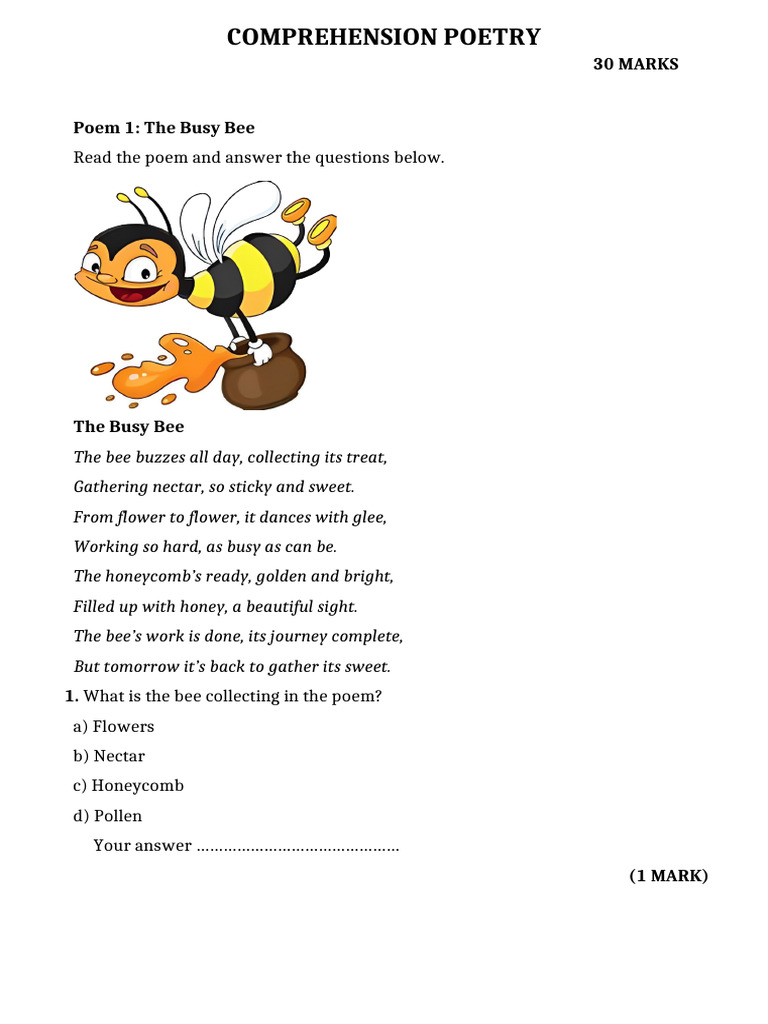 11plus Y3 English Comprehension Poetry Test & Answers | PDF | Bees | Honey