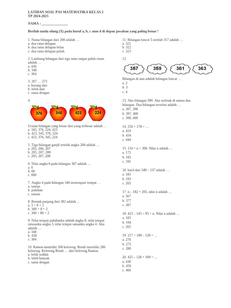 Latihan Soal Pas 1 Matematika Kelas 2 12-10-2024 | PDF