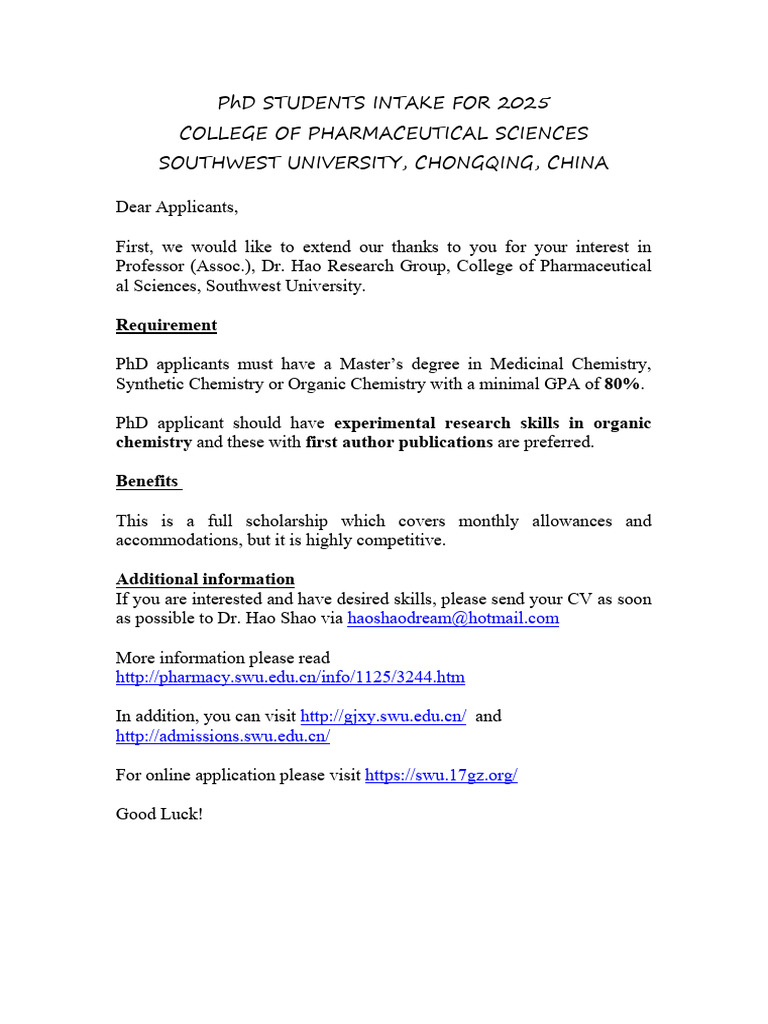 CSC-SWU PHD Opportunity 2025 | PDF | Career & Growth