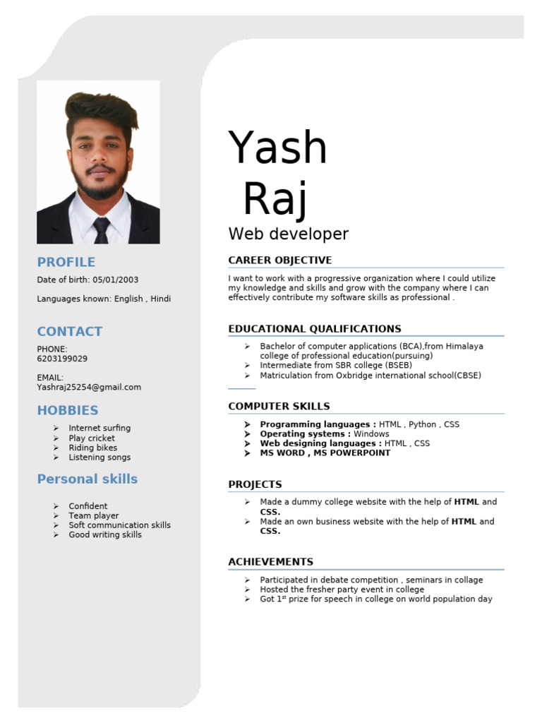 Yash Raj: Web Developer | PDF