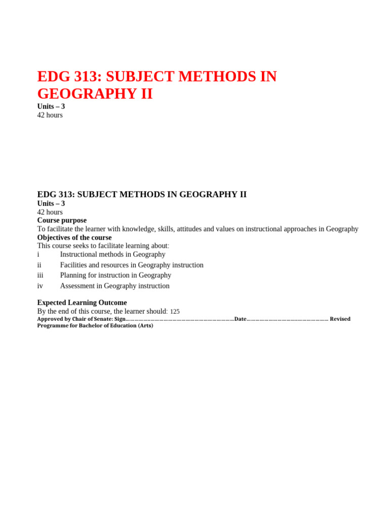 Edg 313 Yr 3 Educ Geogr 11 Course Out Moi Revised | PDF | Educational Assessment | Geography