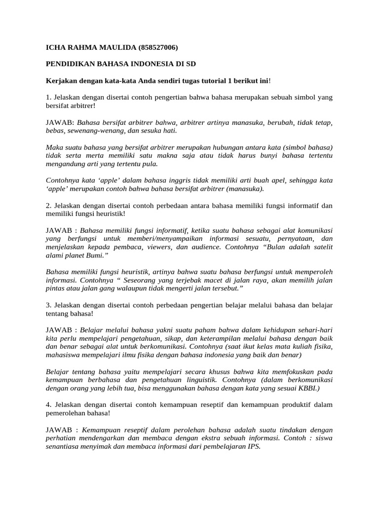 2024 Tugas 1 Pendidikan Bahasa Indonesia Di SD (Icha) | PDF